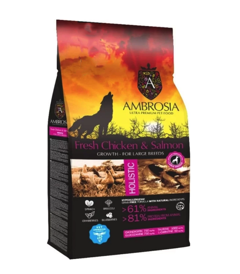 Ambrosia Ξηρά Τροφή χωρίς Σιτηρά για Κουτάβια με Κοτόπουλο και Σολομό ...